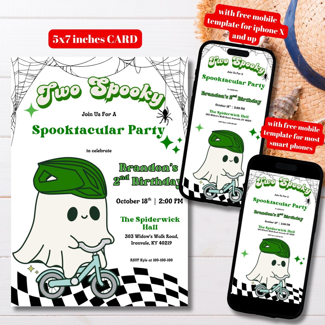 Editable Green Groovy Biker Ghost Halloween Birthday Invitation ...