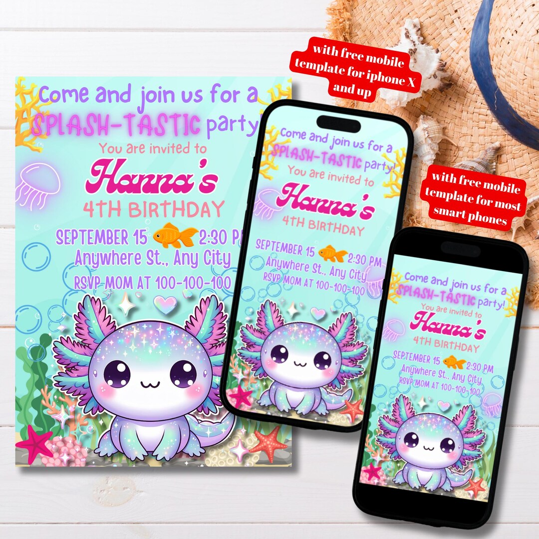 Editable Pink Axolotl Birthday Party Invitation Template, Printable ...