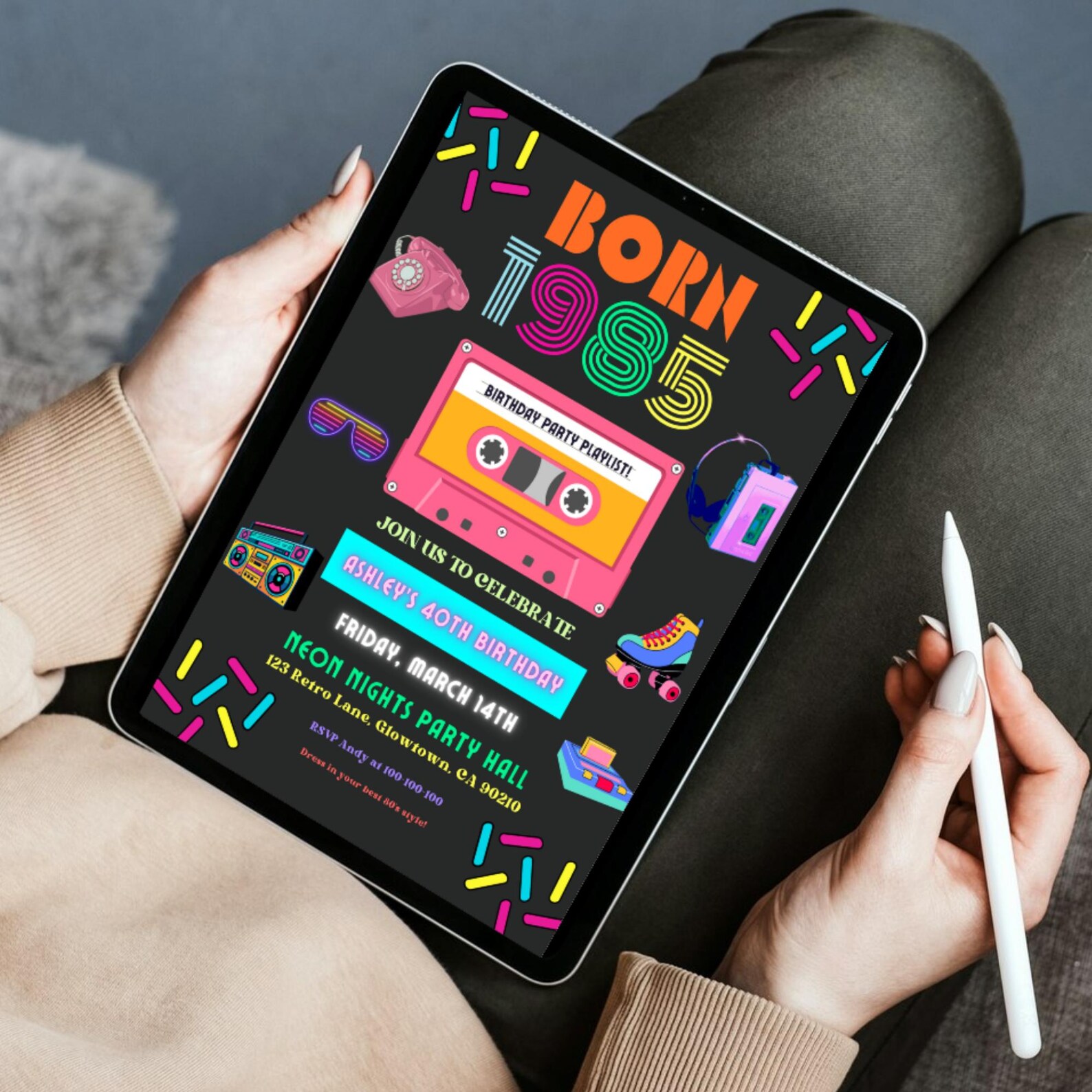 Editable 1985 40th Birthday Party Invitation Template, Printable Neon ...