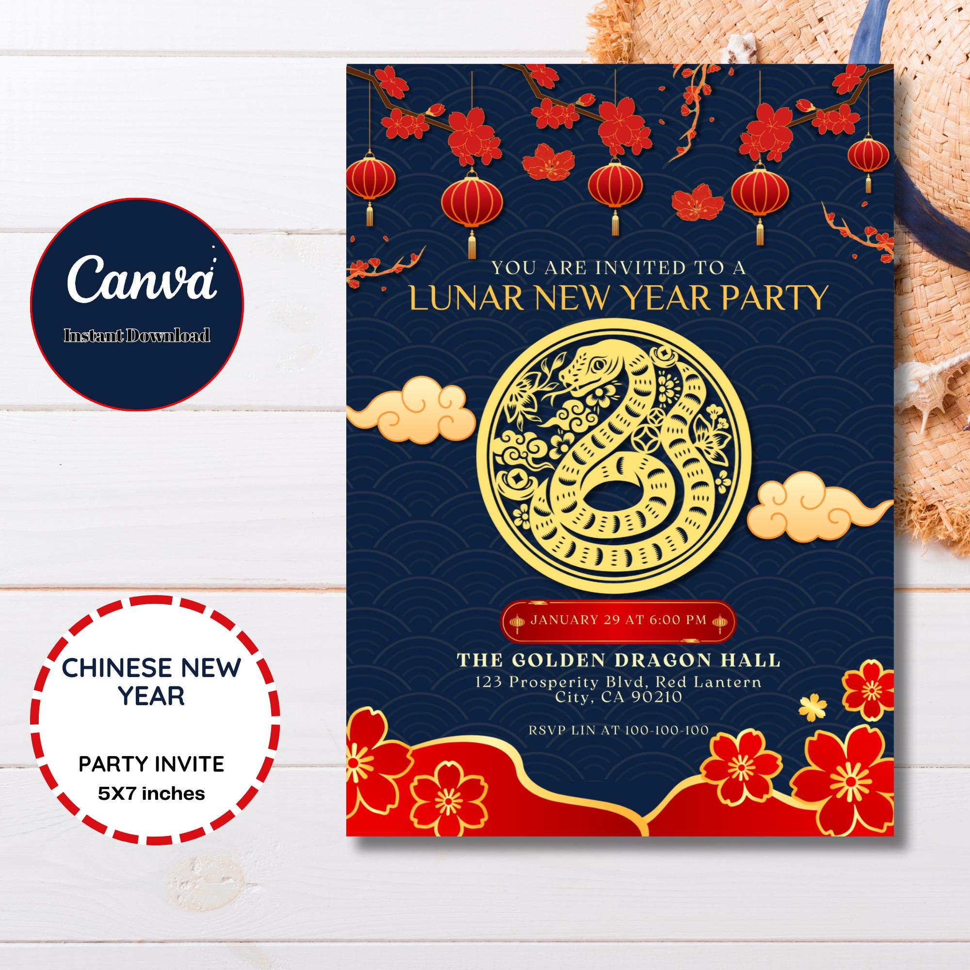 Editable 2025 Year of the Snake Lunar New Year Party Invitation ...