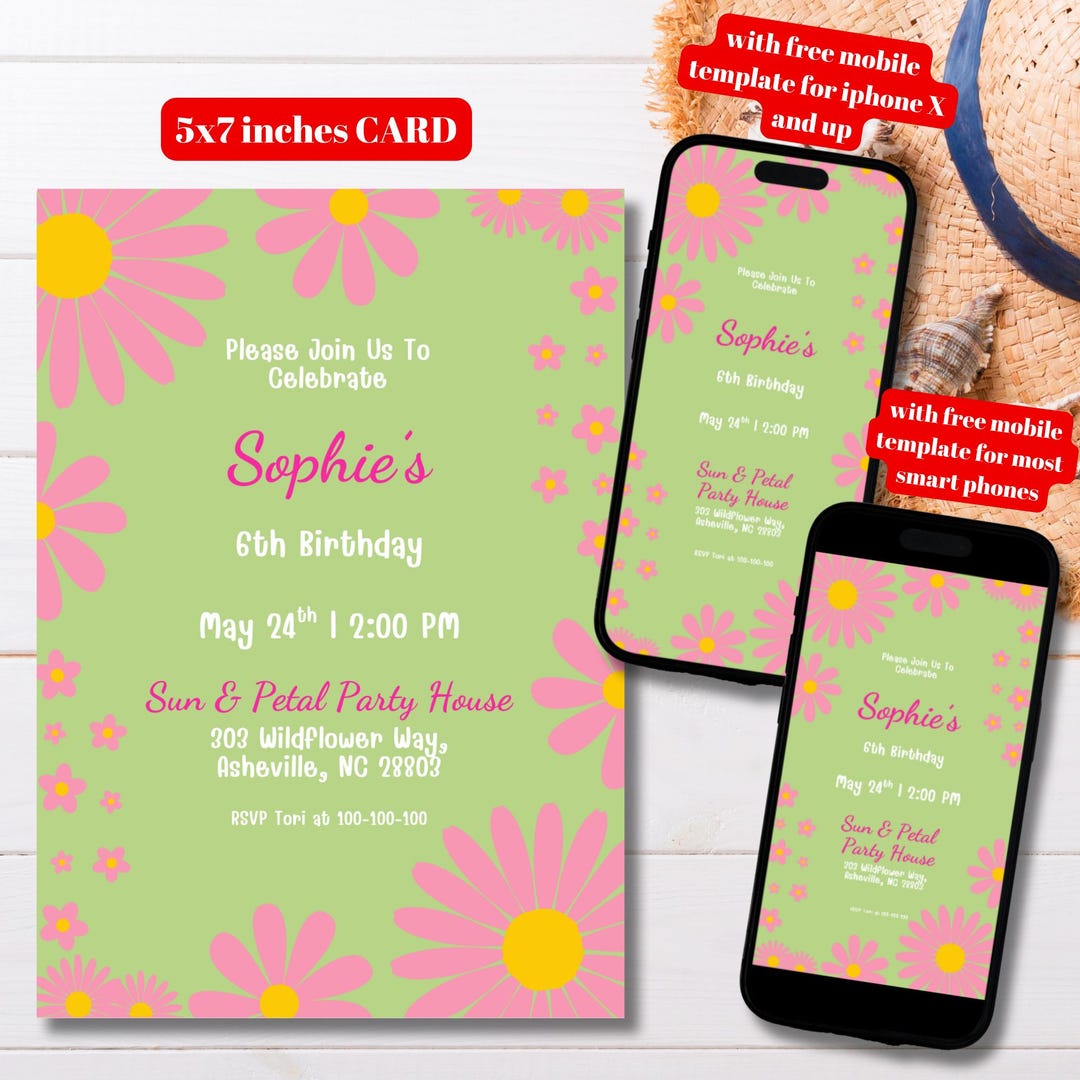 Editable Pink Daisy Birthday Invitation Template, Printable Green Pink ...