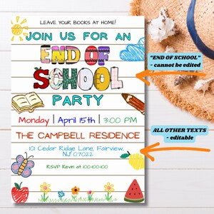 Editable End of School Party Invitation Template, Printable Kids Summer ...