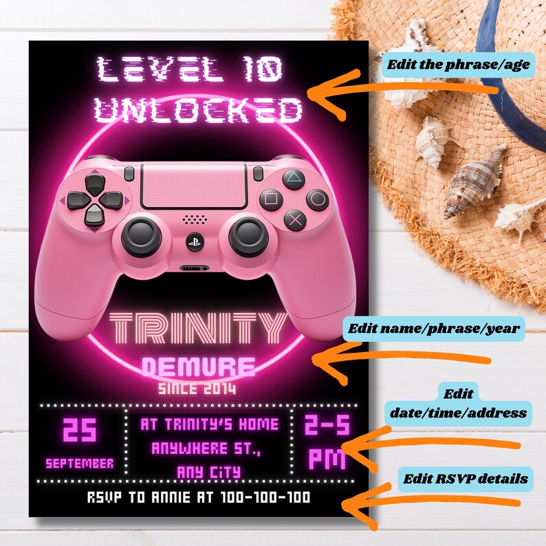 Editable Pink Video Game Birthday Invitation Template, Printable Video ...