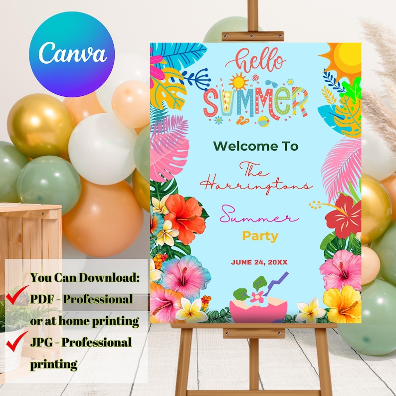 Editable Summer Party Welcome Sign Template, Printable Hello Summer ...