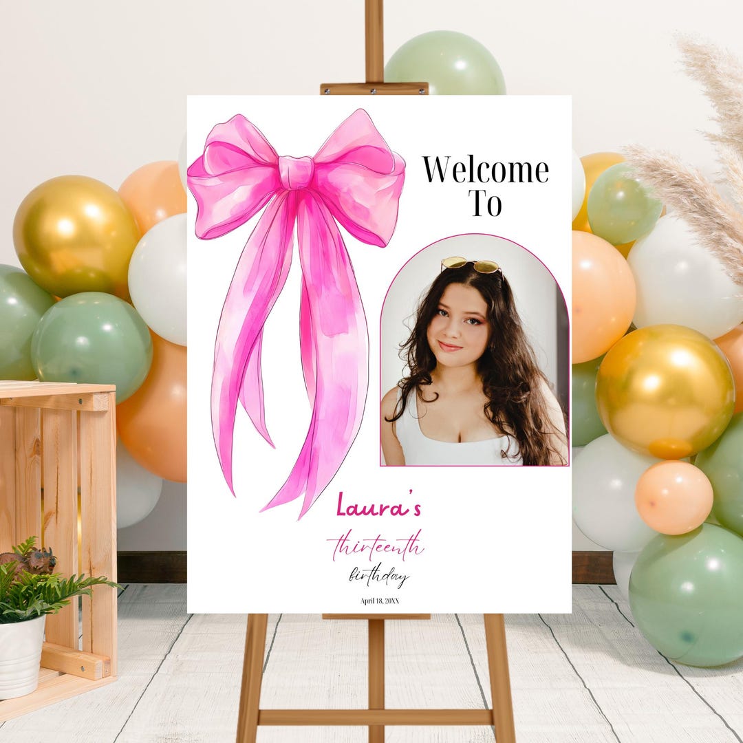 Editable Pink Coquette Bow Ribbon Birthday Party Photo Welcome Sign ...