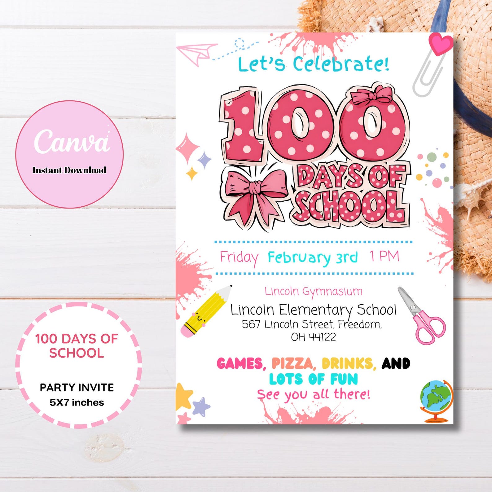 Editable Let's Celebrate 100 Days of School Party Invitation Template ...