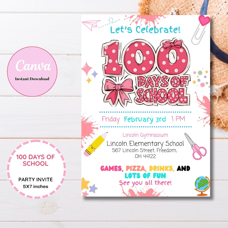 Editable Let's Celebrate 100 Days of School Party Invitation Template ...