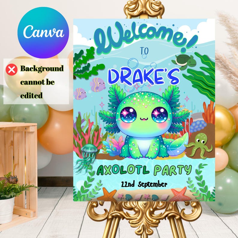 Editable Green Axolotl Birthday Party Welcome Sign Template, Printable ...