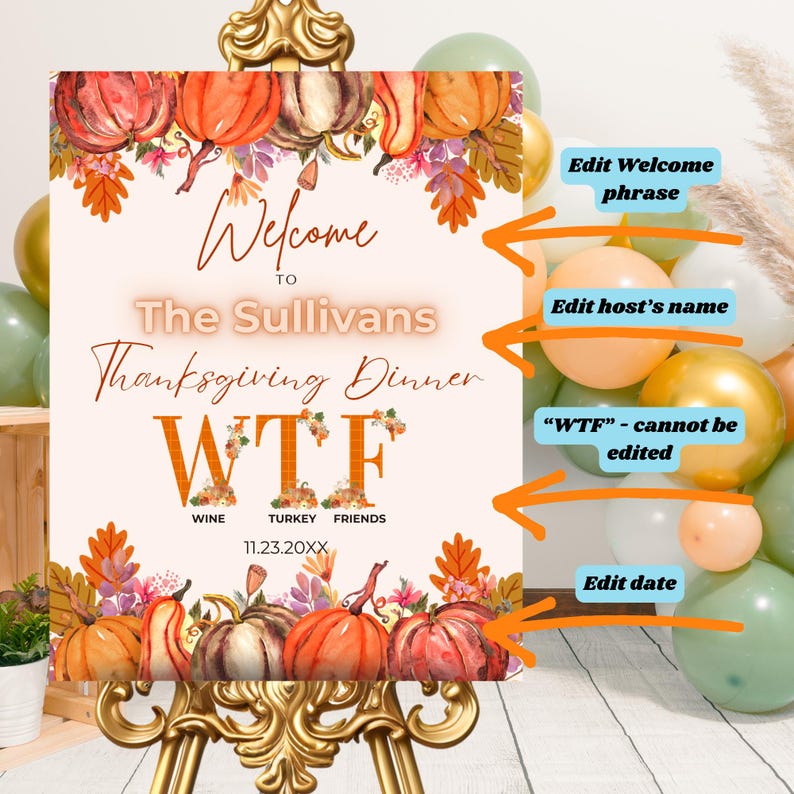 Editable WTF Thanksgiving Dinner Welcome Sign Template, Printable ...
