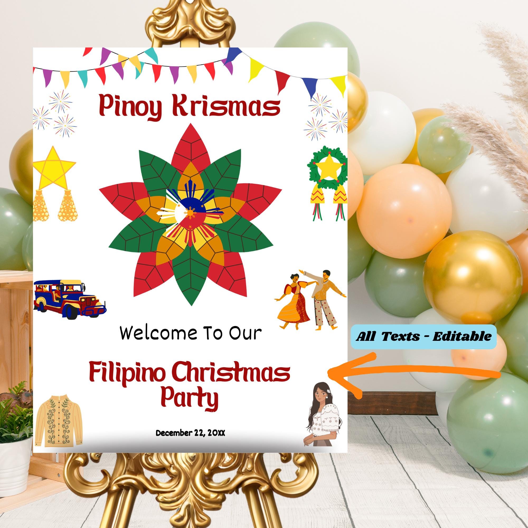 Editable Paskong Pinoy Party Welcome Sign Template, Printable Filipino ...
