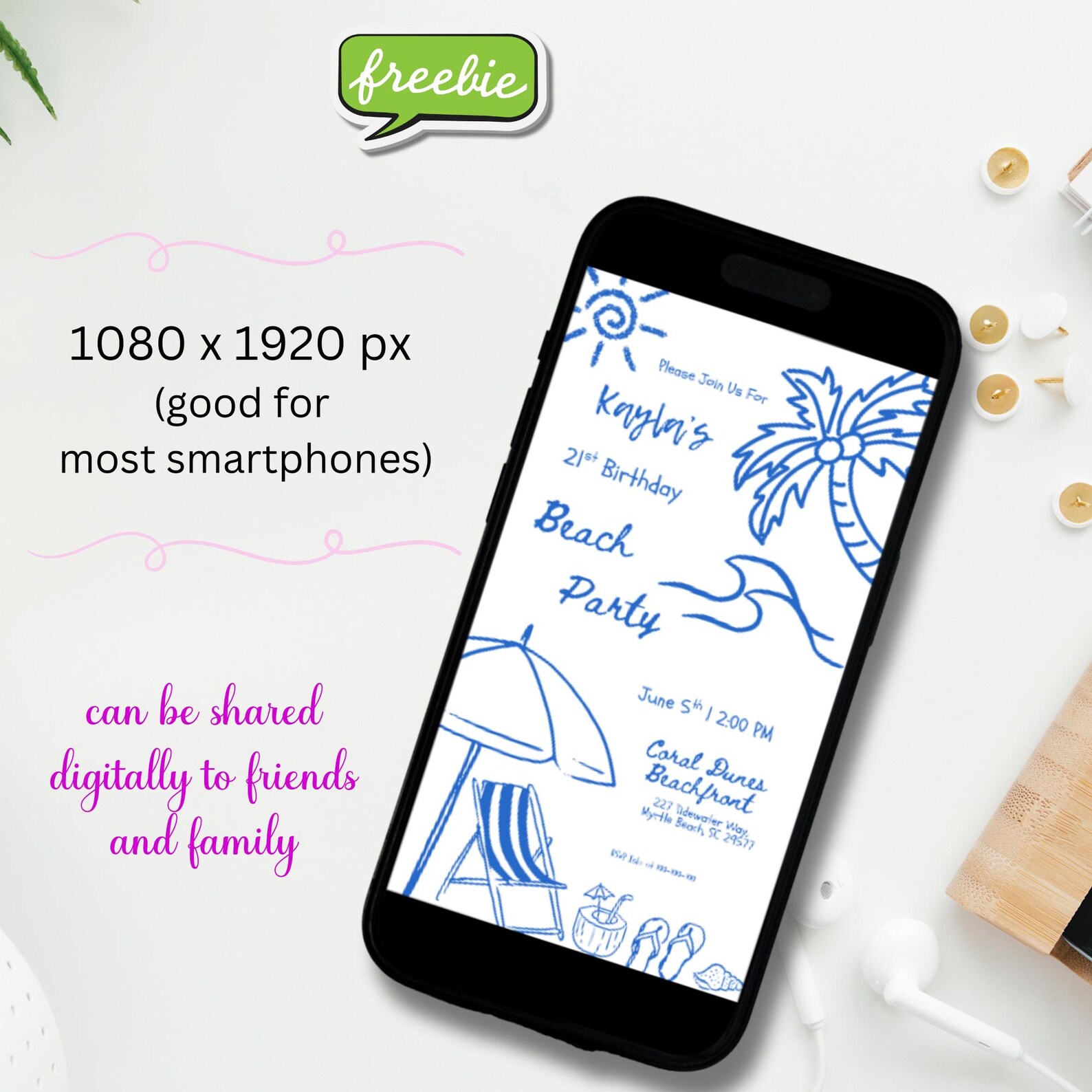 Editable Hand Drawn Beach Birthday Party Invitation Template, Printable ...