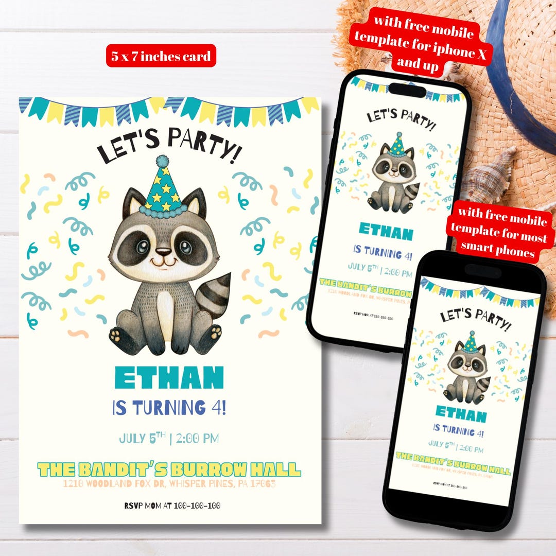 Editable Raccoon Birthday Party Invitation Template, Printable Raccoon ...