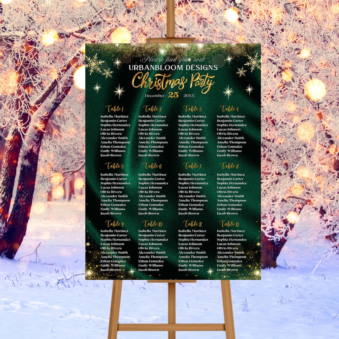 Editable Emerald Green and Gold Christmas Party Seating Chart Sign ...