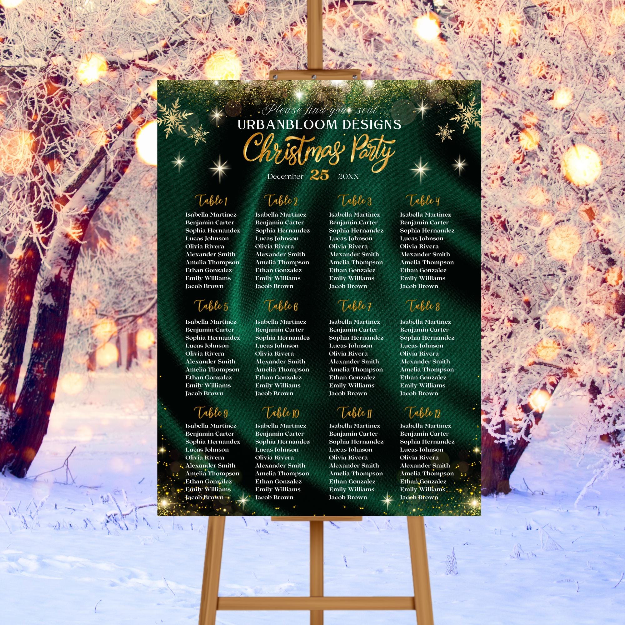 Editable Emerald Green and Gold Christmas Party Seating Chart Sign ...