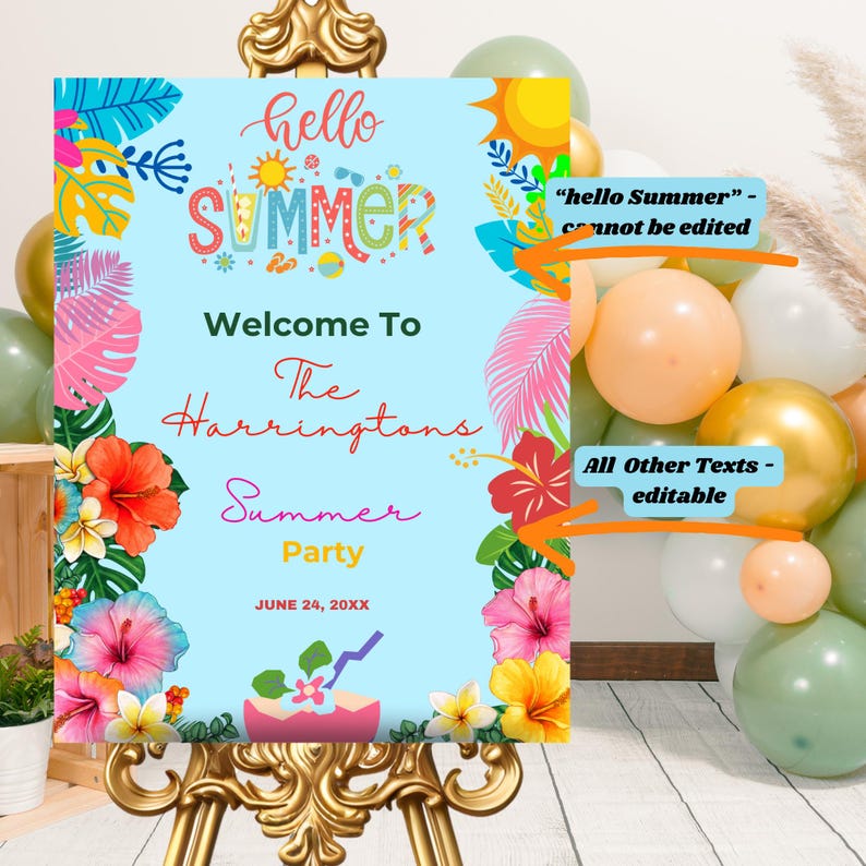 Editable Summer Party Welcome Sign Template, Printable Hello Summer ...