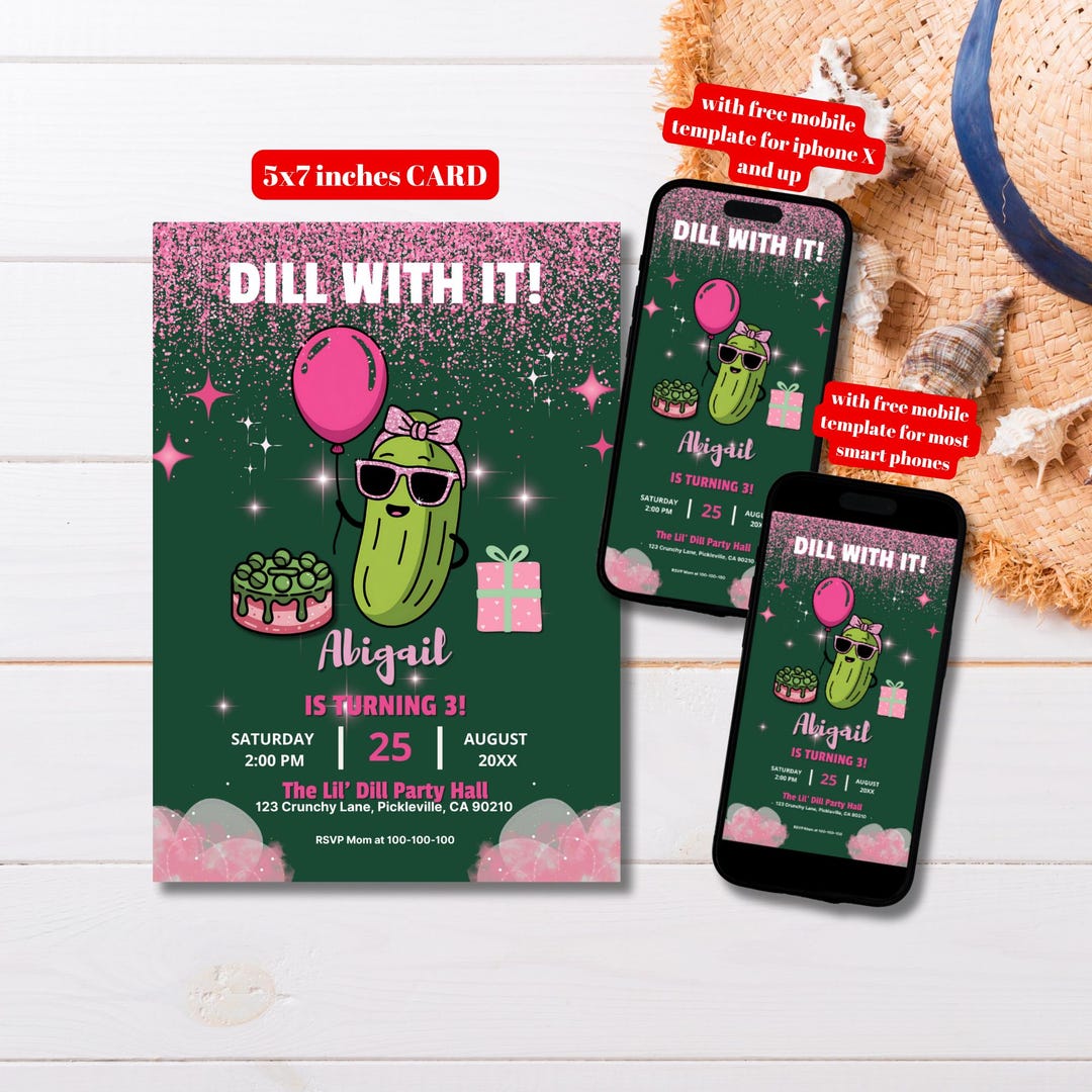 Editable Glitter Pink Pickle Birthday Invitation Template, Printable ...
