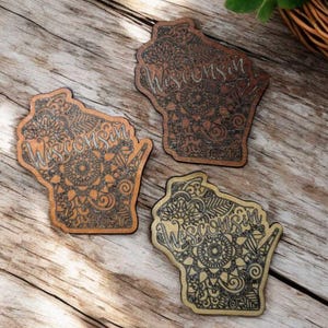 Wisconsin State Shaped Coasters | Laser Engraved Floral Wood Coaster ...