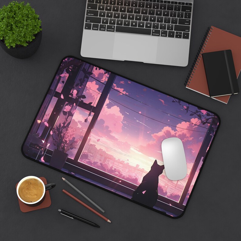Cat With Pink Lofi Background Desk Mat, Pink Mouse Pad, Large Desk Mat ...