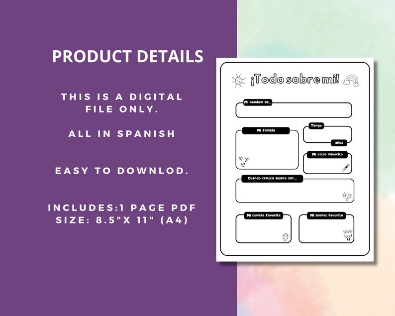 Todo Sobre Mi All in Spanish - Kids Activity Sheet | Digital Printable ...