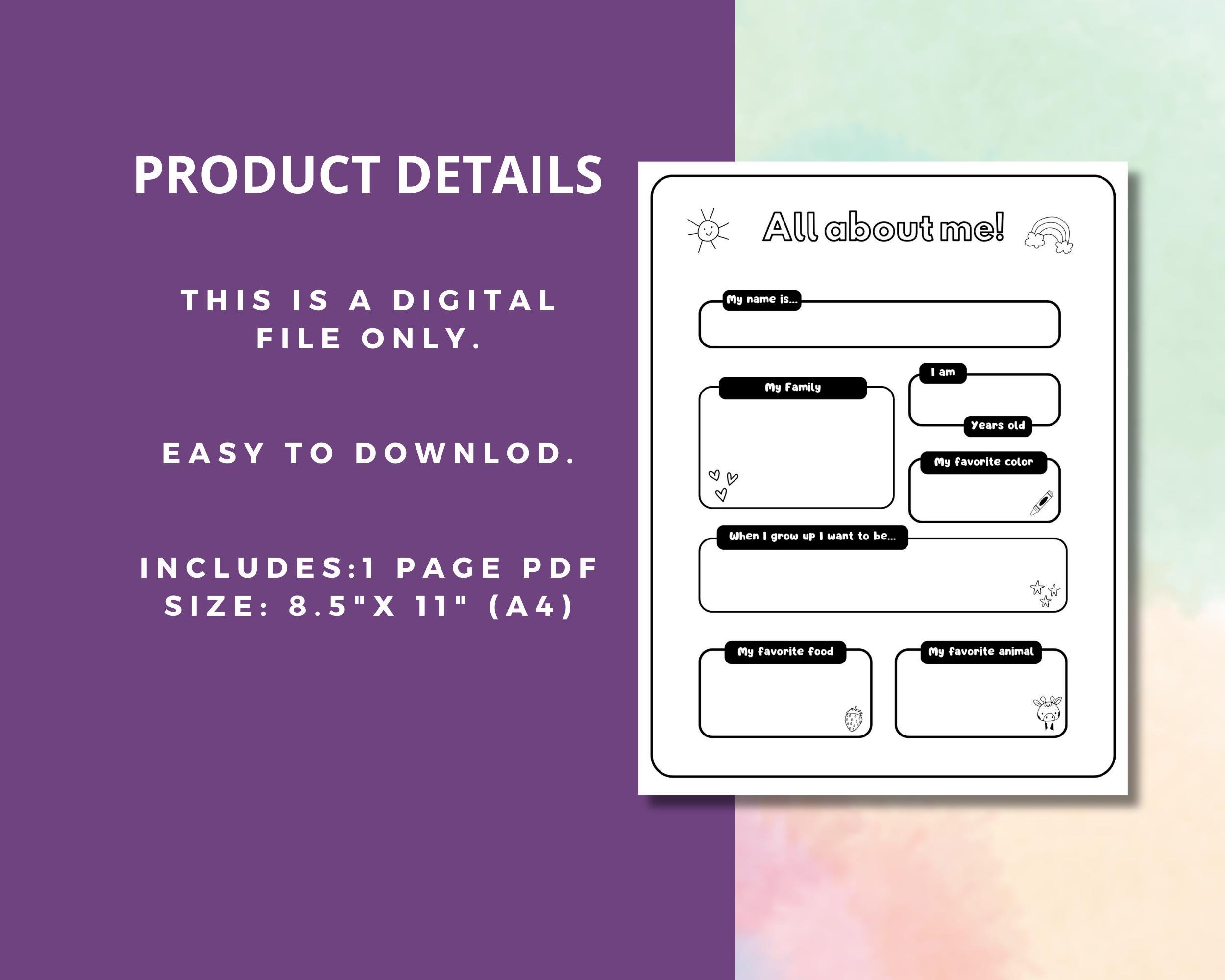 All About Me - Kids Activity Sheet | Digital Printable | Instant PDF ...