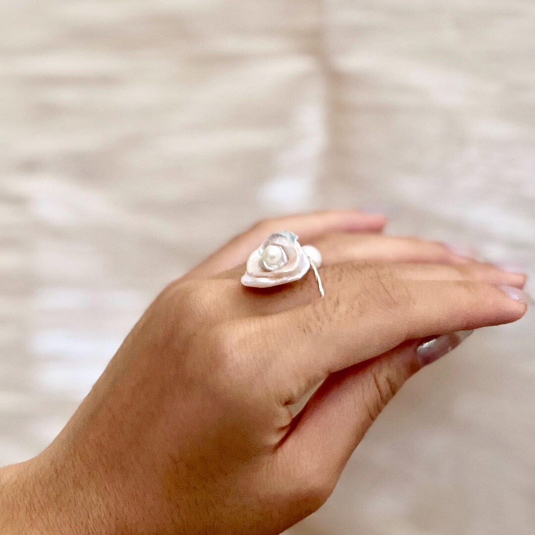 Freshwater Pearl Rose Statement Ring, Adjustable Baroque Pearl Ring, Sterling Silver Pearl Ring ...