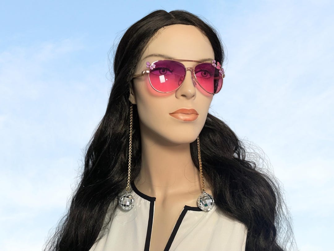 Armless Chain Temple Sunglasses Pink Disco Ball Armless Glasses Gold ...