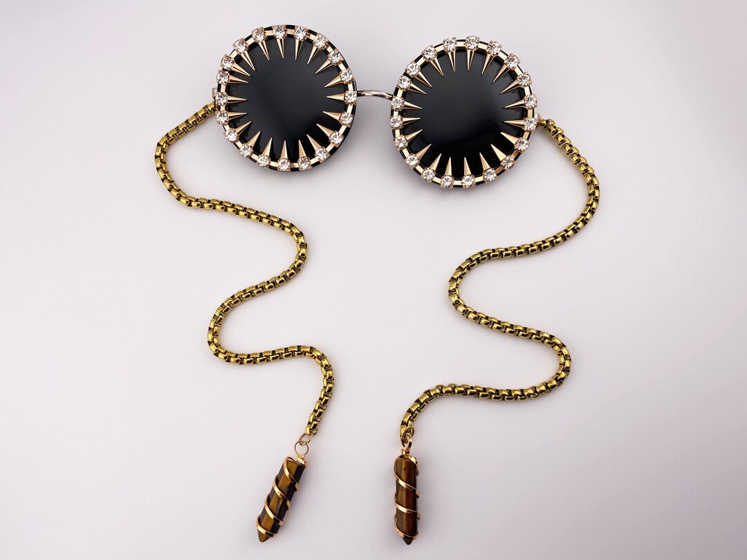 Armless Chain Temple Sunglasses Tigers Eye Armless Glasses Gold Chain ...