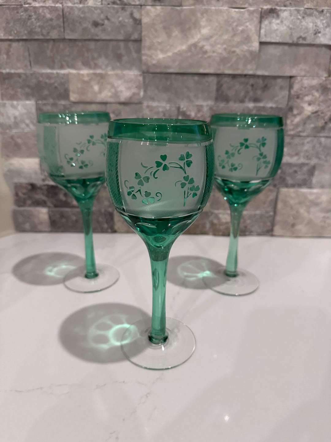 Vintage Stemmed Etched Irish Shamrock Green and Clear. Set of 3 ...