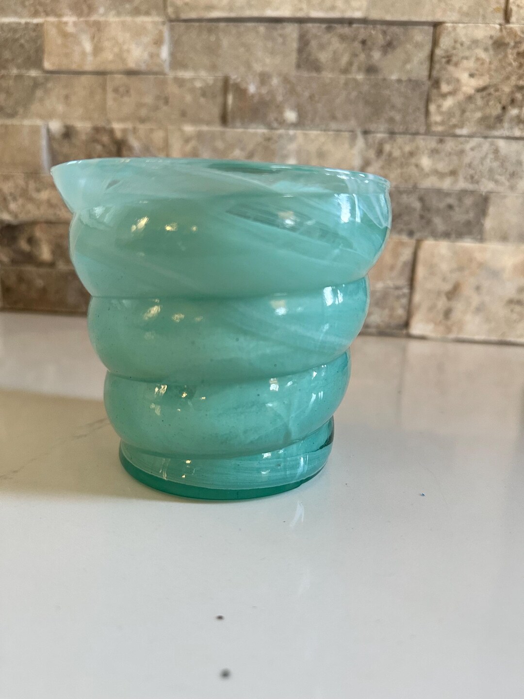 Handblown, Aqua Turquoise Swirl, Glass Candle Votive/vase. 4” Tall ...