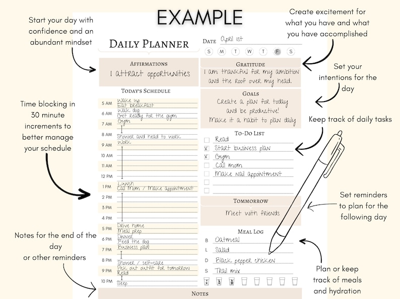 Productivity | Printable Daily Planner | ADHD | Hourly | Growth Mindset ...