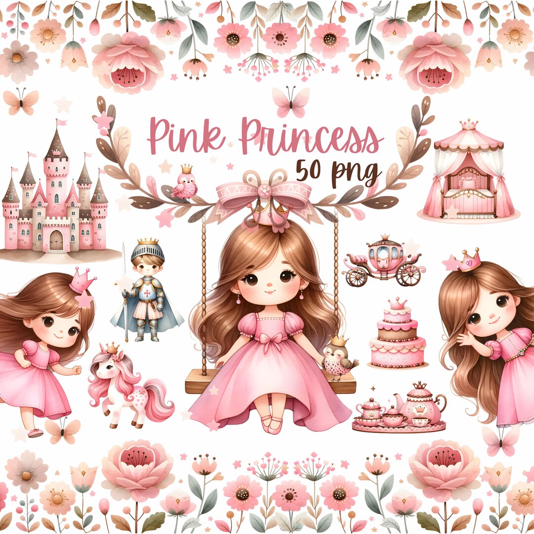 Pink Princess Birthday Watercolor Clipart: 50 PNG Illustrations ...