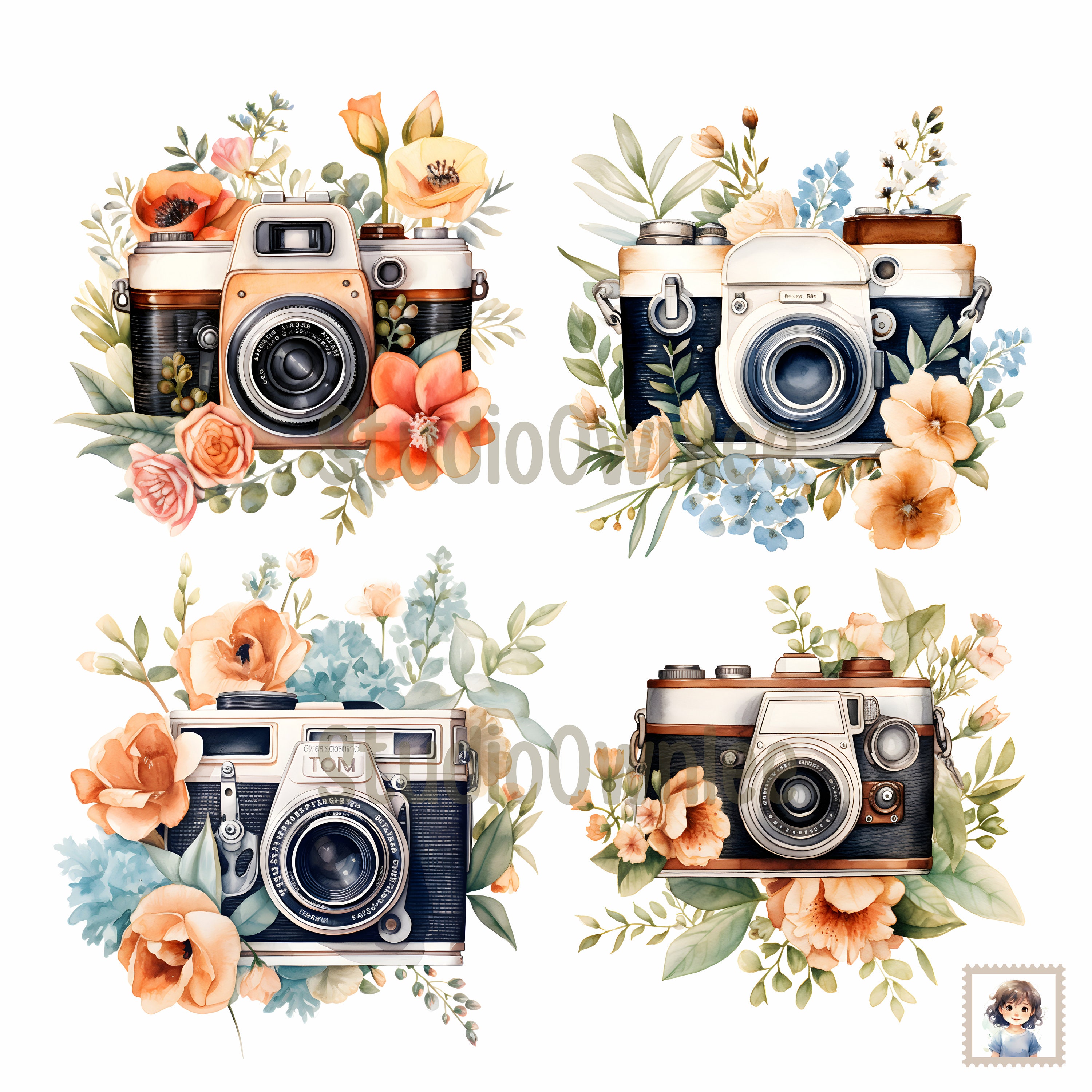 Vintage Captures: Watercolor Floral Retro Camera Clipart - Instant ...