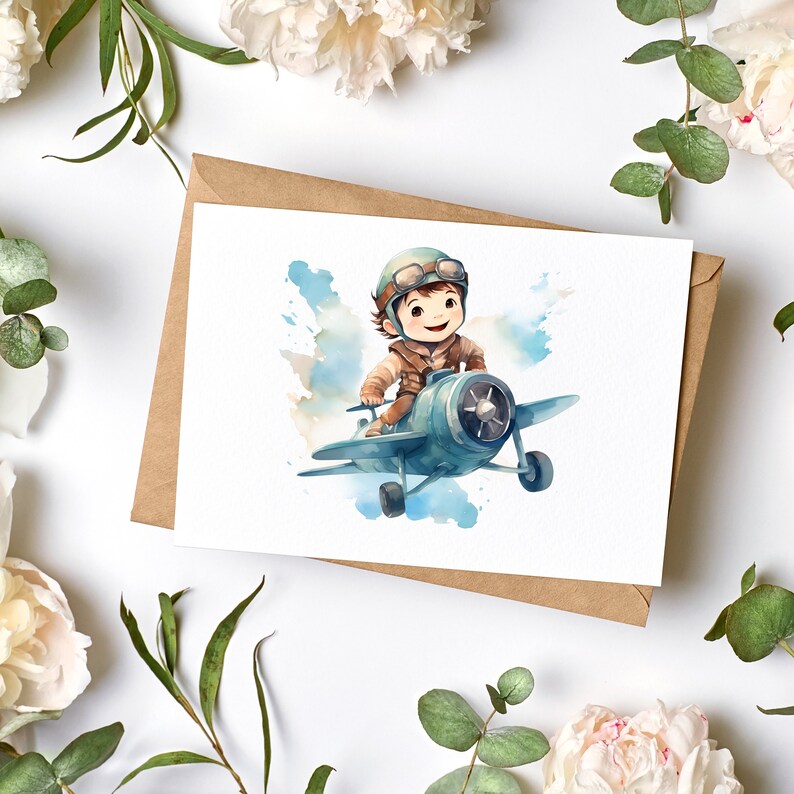 Adventurous Pilot: Watercolor PNG Illustrations of a Cute Boy Flying an ...