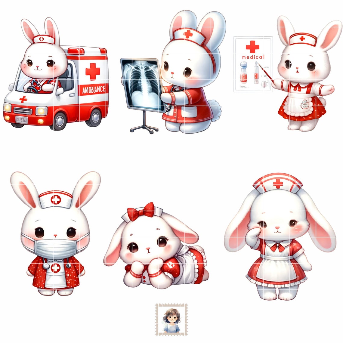 Whimsical Rabbit Nurse: 30 Watercolor PNG Illustrations Clipart instant ...