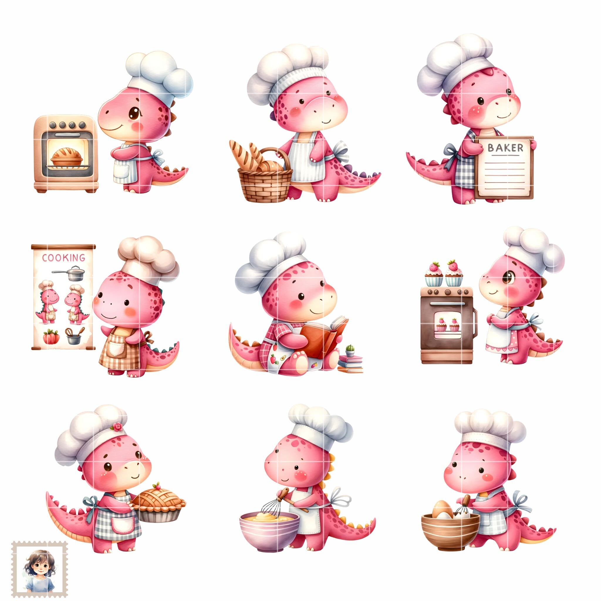 Cute Dinosaur Baker Chef : 45 HQ Watercolor PNG Illustrations - Instant ...