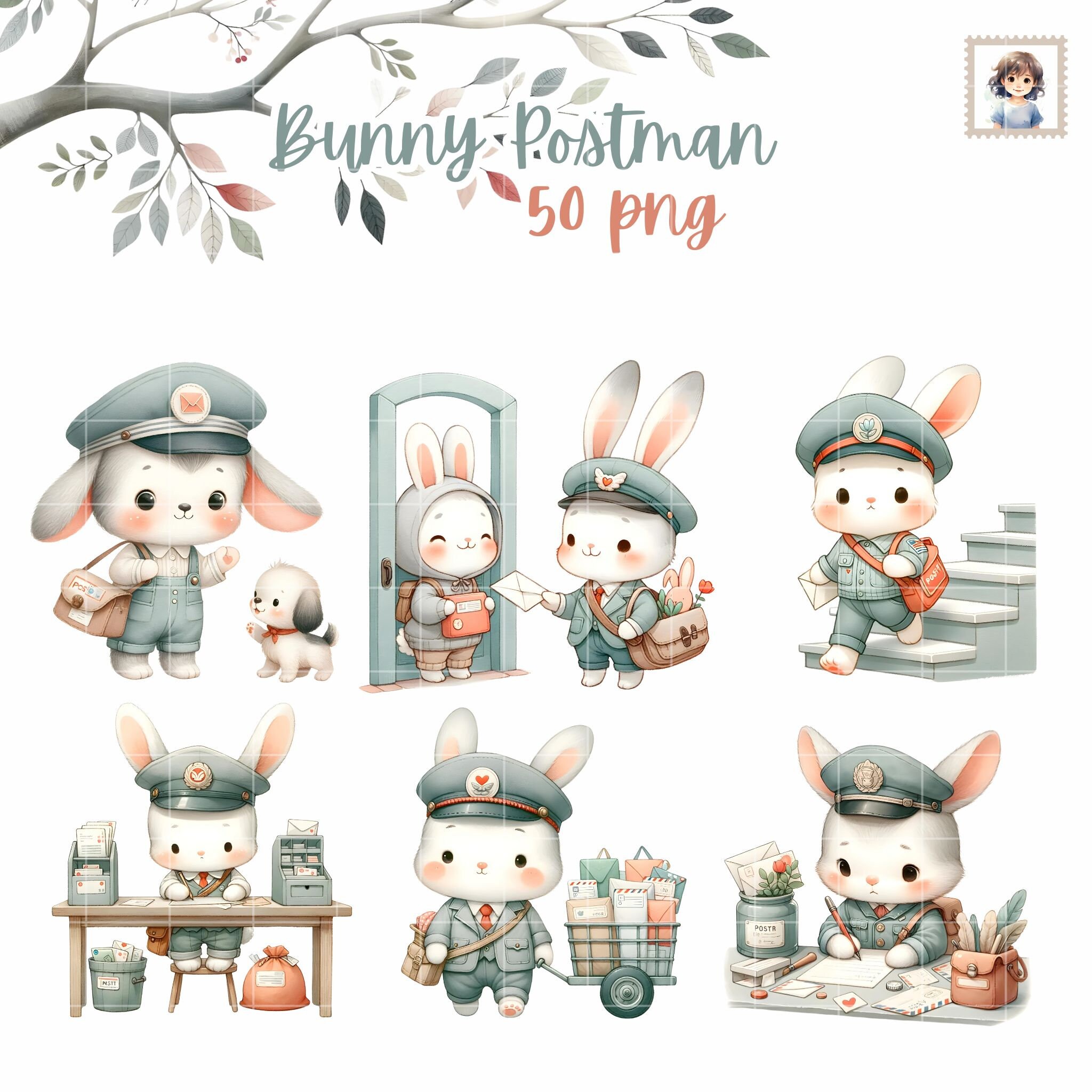 Bunny Postman Watercolor Clipart: 50 PNG Illustrations (digital ...