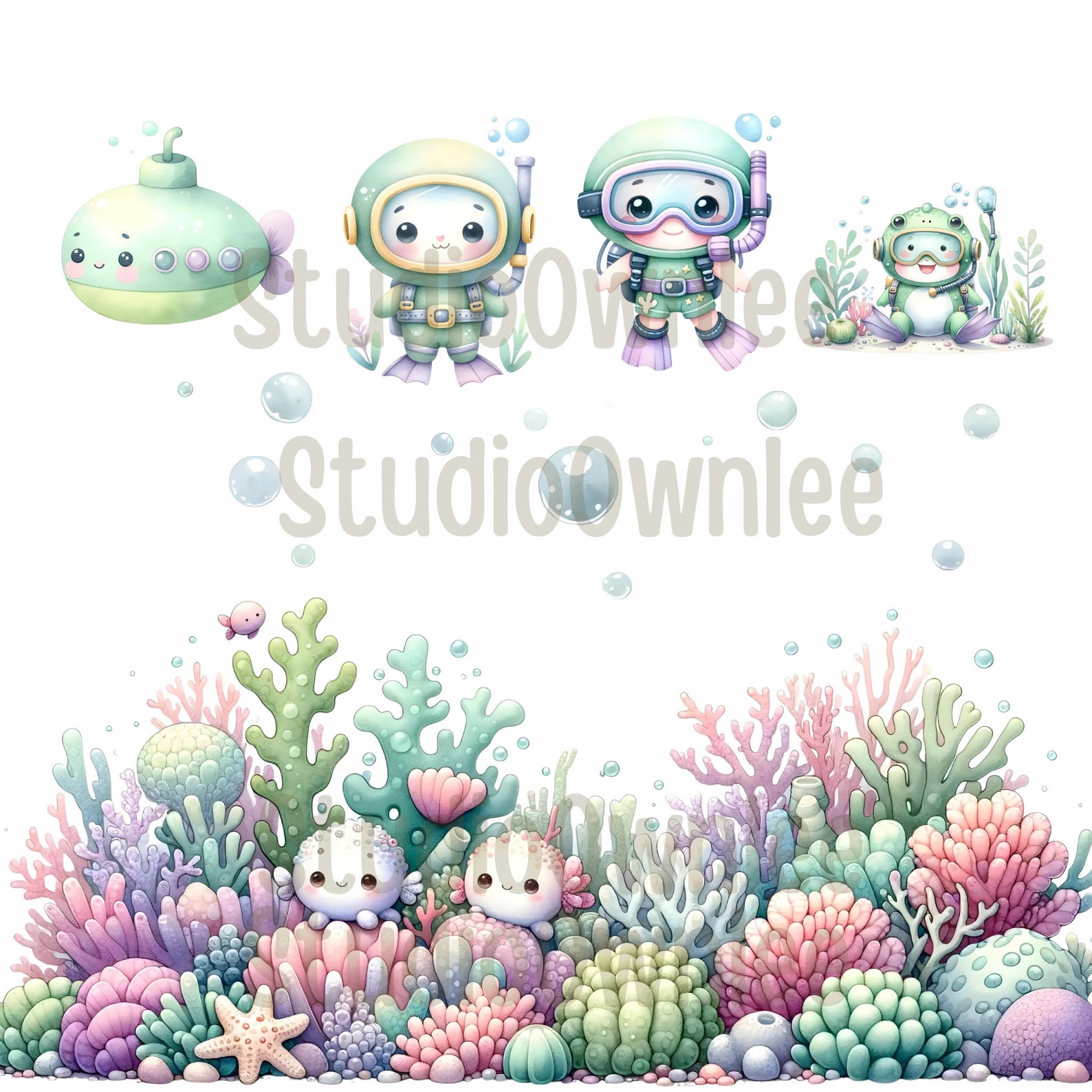 Undersea Wonders: 50 HQ Watercolor PNG Illustrations of Sea Ocean ...