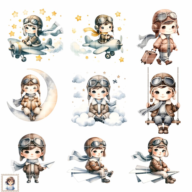 Aviator Boy Watercolor Clipart: 50 PNG Illustrations (digital Download ...