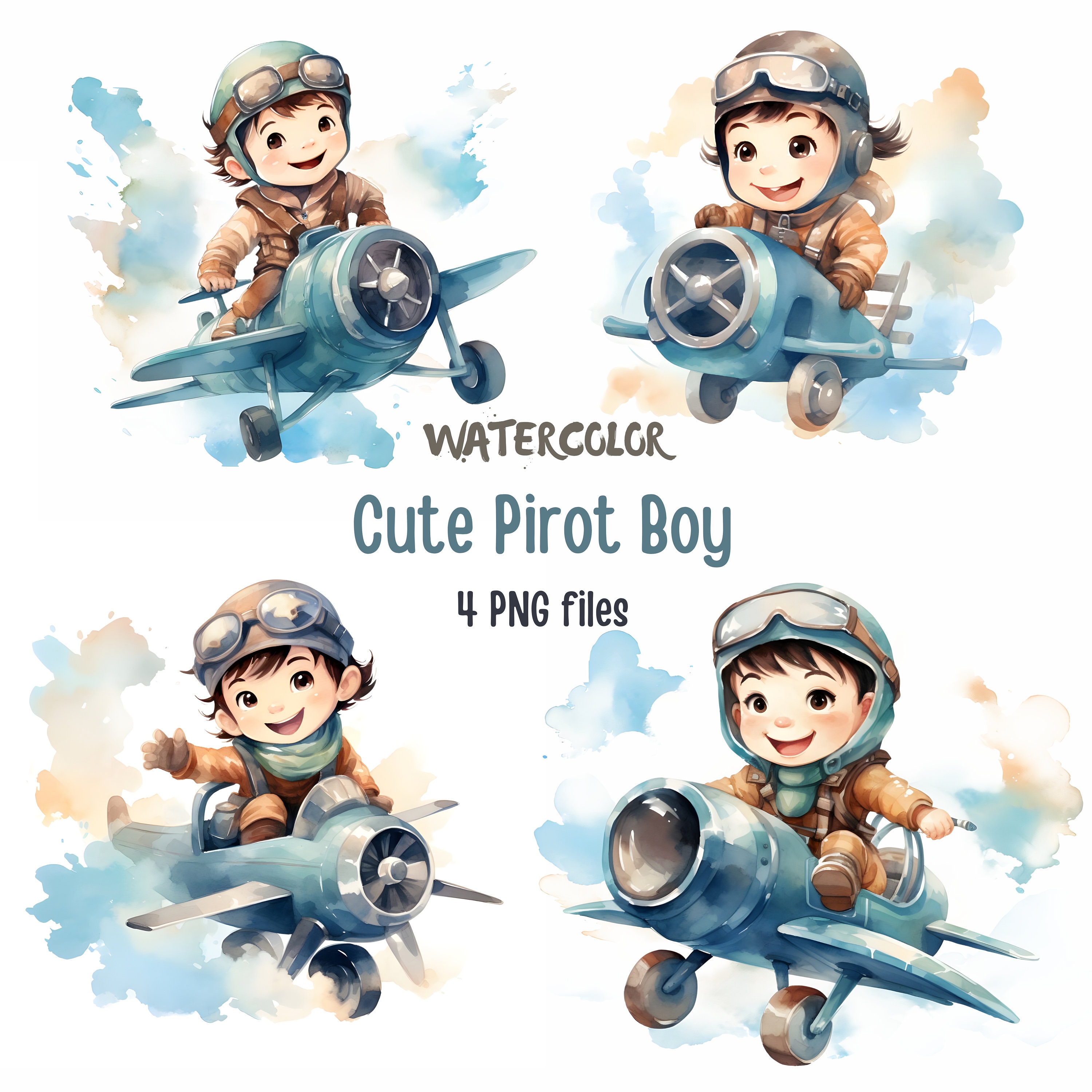 Adventurous Pilot: Watercolor PNG Illustrations of a Cute Boy Flying an ...