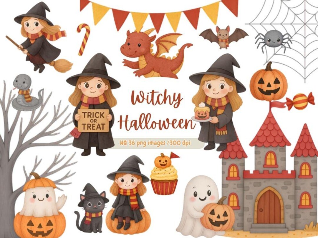 Witchy Halloween Clipart – 50 Pngs | Cute Witch & Pumpkin Illustrations ...