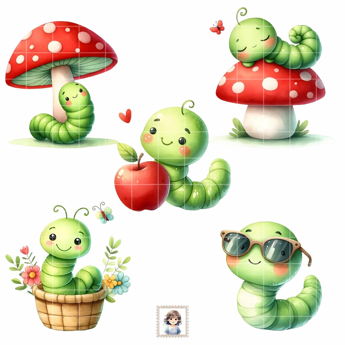 Cheerful Wormy Friends: 30 Cute Worm Watercolor Clipart Pngs - Digital ...