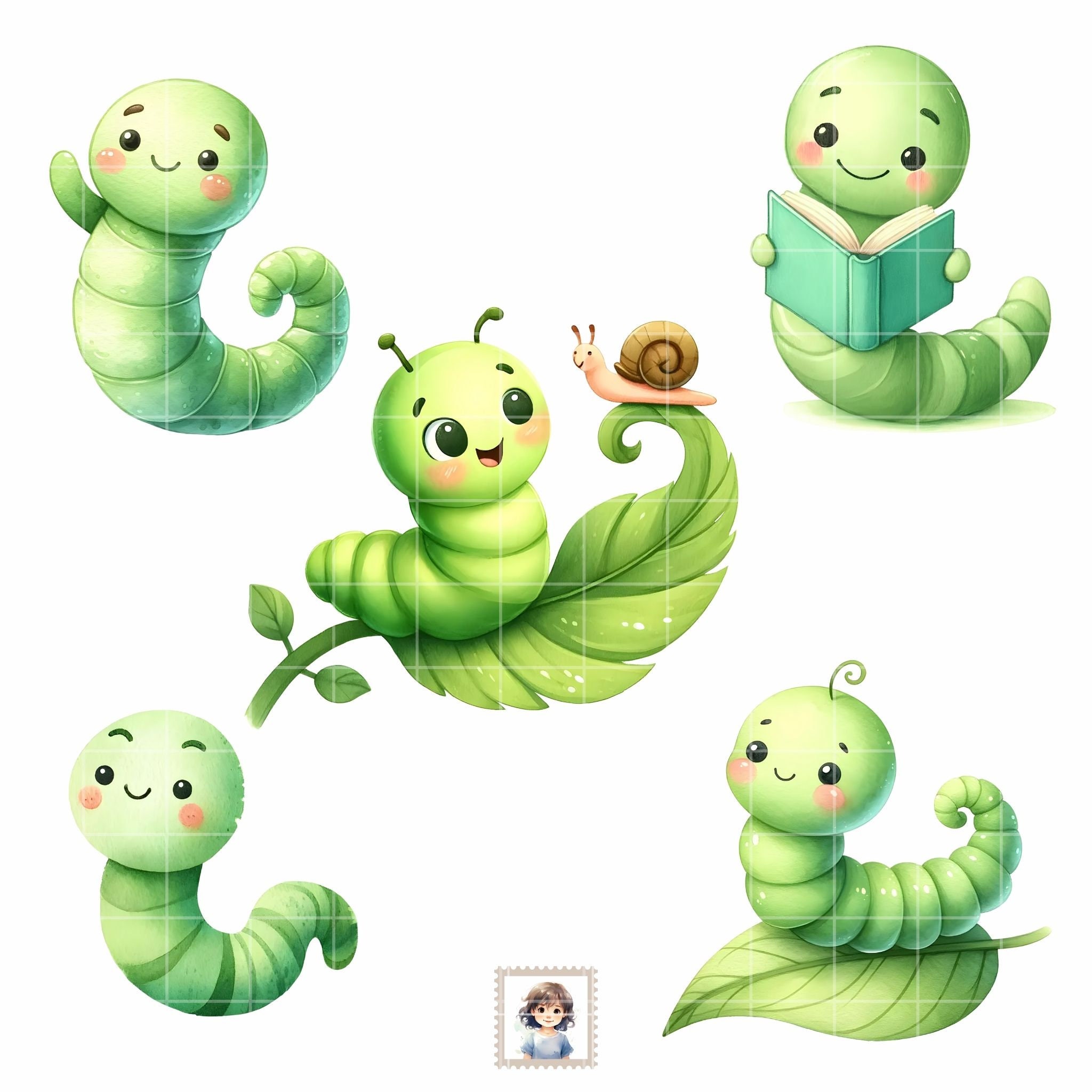 Cheerful Wormy Friends: 30 Cute Worm Watercolor Clipart Pngs - Digital ...