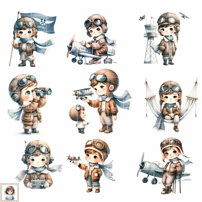 Aviator Boy Watercolor Clipart: 50 PNG Illustrations (digital Download ...