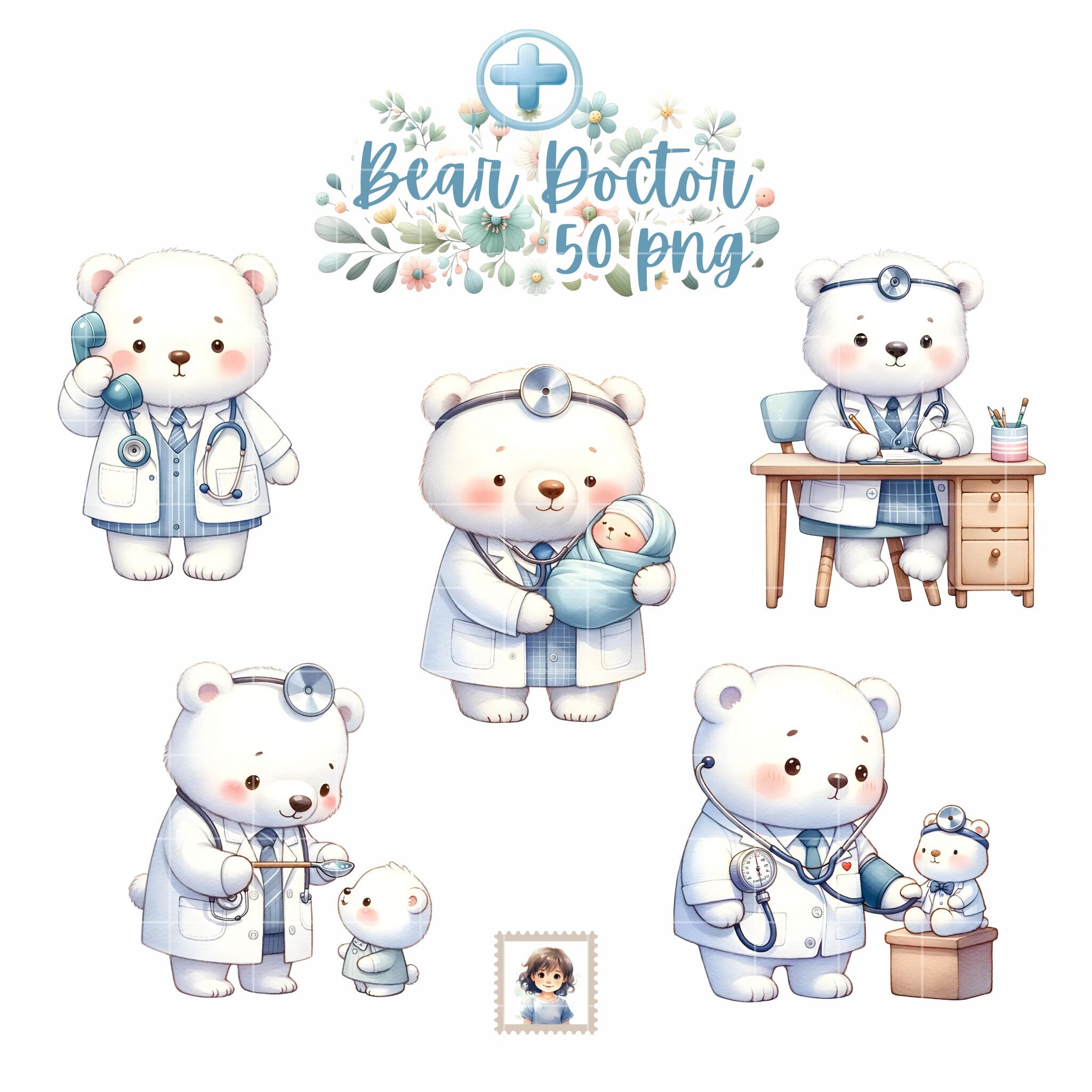 Doctor Bear Watercolor Clipart: 50 PNG Illustrations (digital Download ...