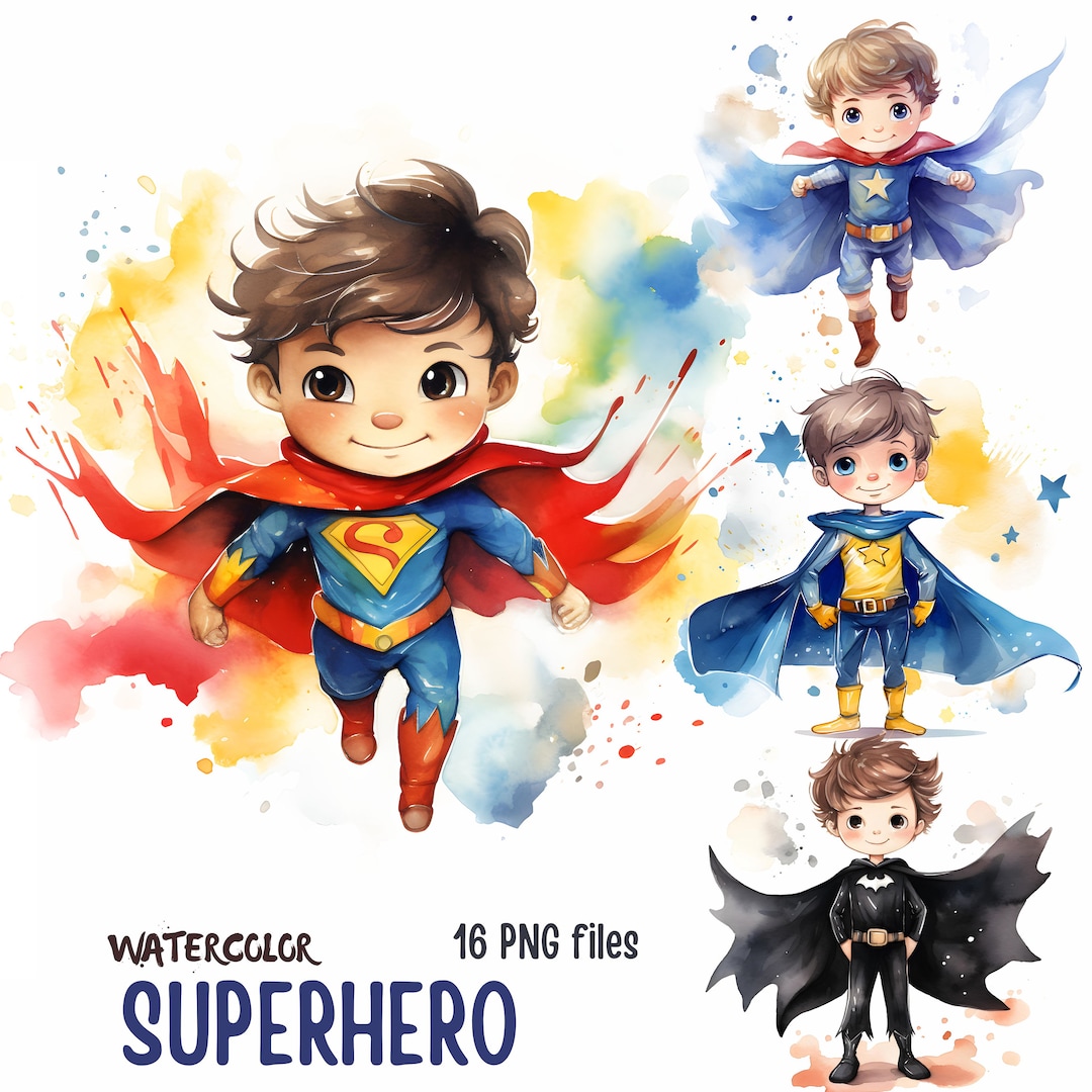 Watercolor Superhero Boy PNG Clipart: Commercial Use (instant Download ...