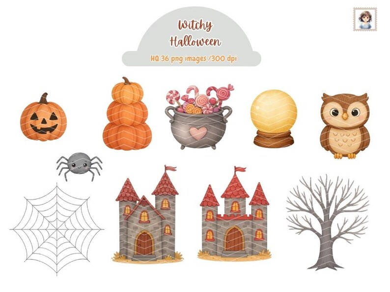 Witchy Halloween Clipart – 50 Pngs | Cute Witch & Pumpkin Illustrations ...