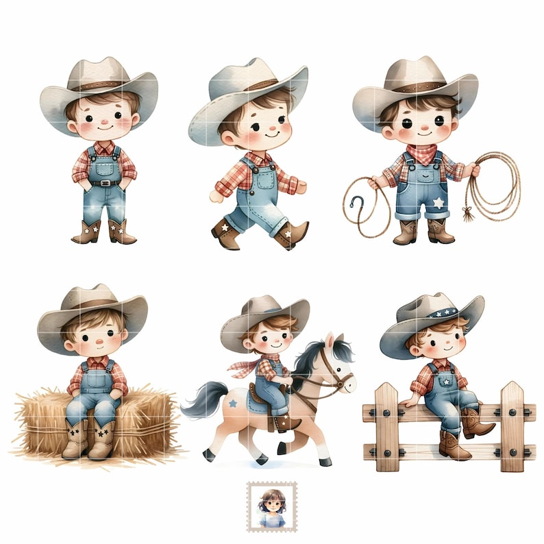 Cowboy Cutie Watercolor Illustrations: 50 PNG Clipart (digital Download ...