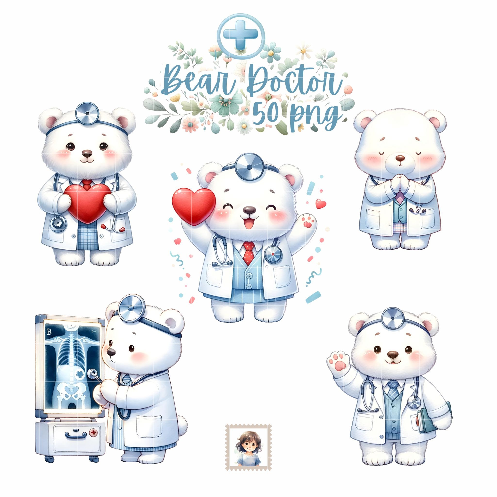 Doctor Bear Watercolor Clipart: 50 PNG Illustrations (digital Download ...