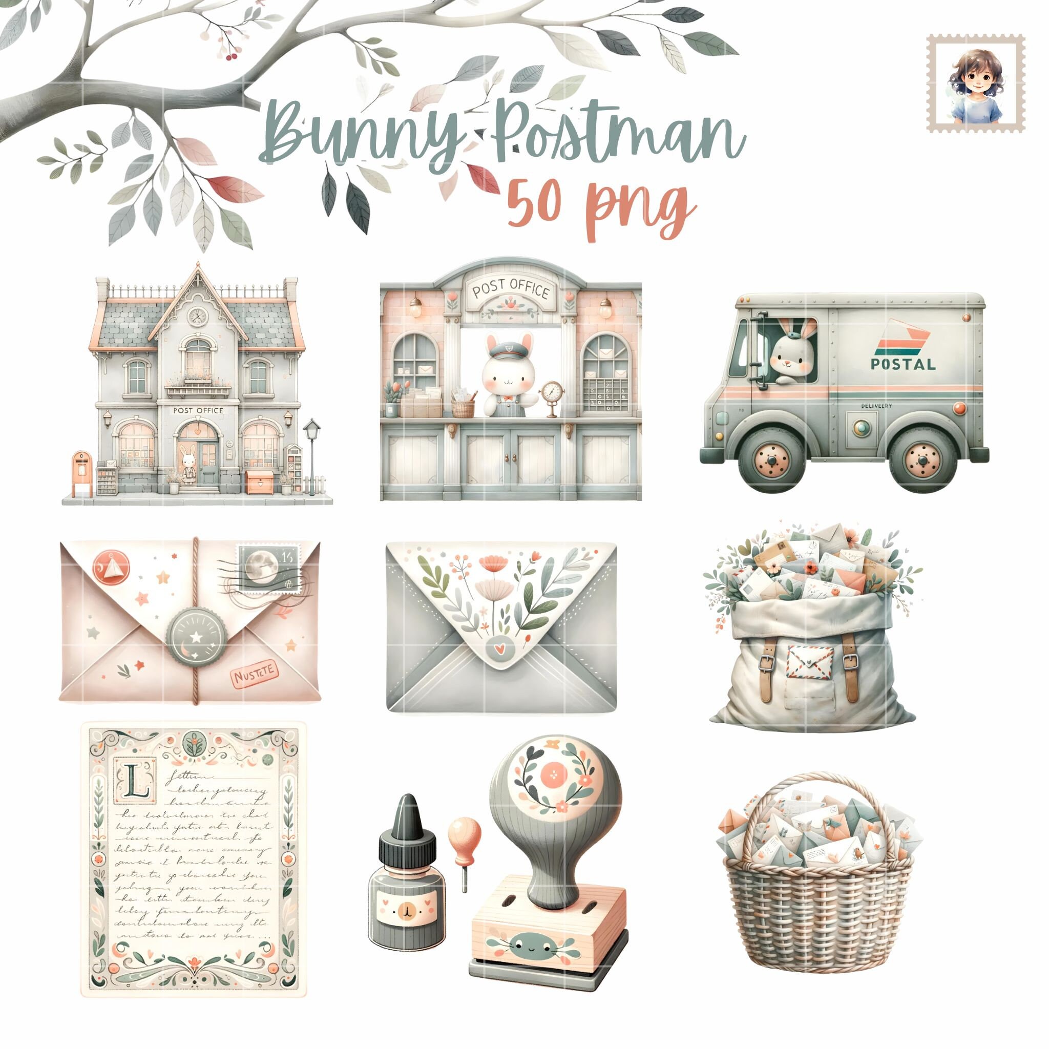 Bunny Postman Watercolor Clipart: 50 PNG Illustrations (digital ...