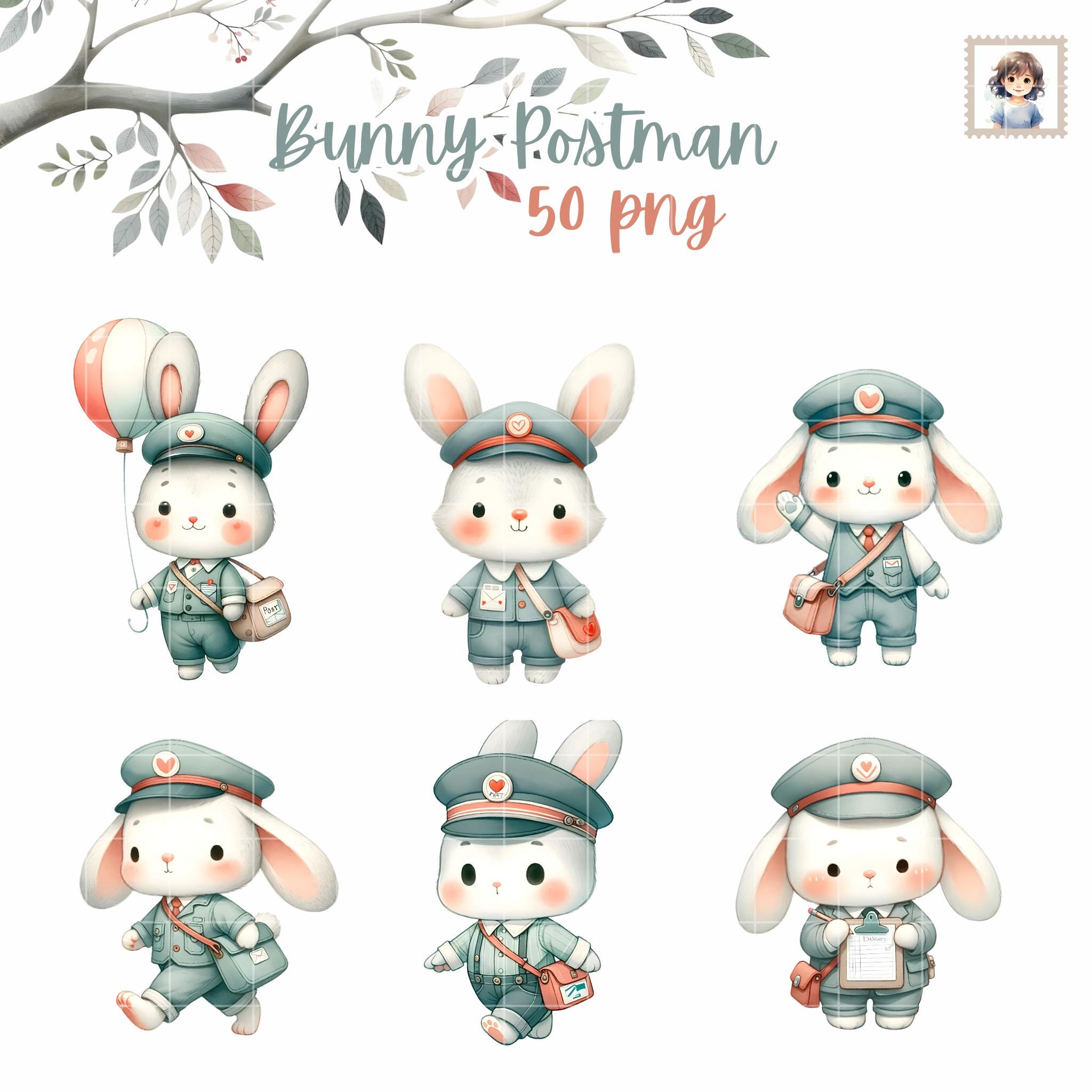 Bunny Postman Watercolor Clipart: 50 PNG Illustrations (digital ...